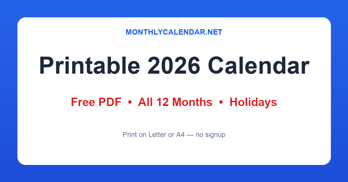 Printable 2026 Calendar – Free Monthly PDF, All 12 Months